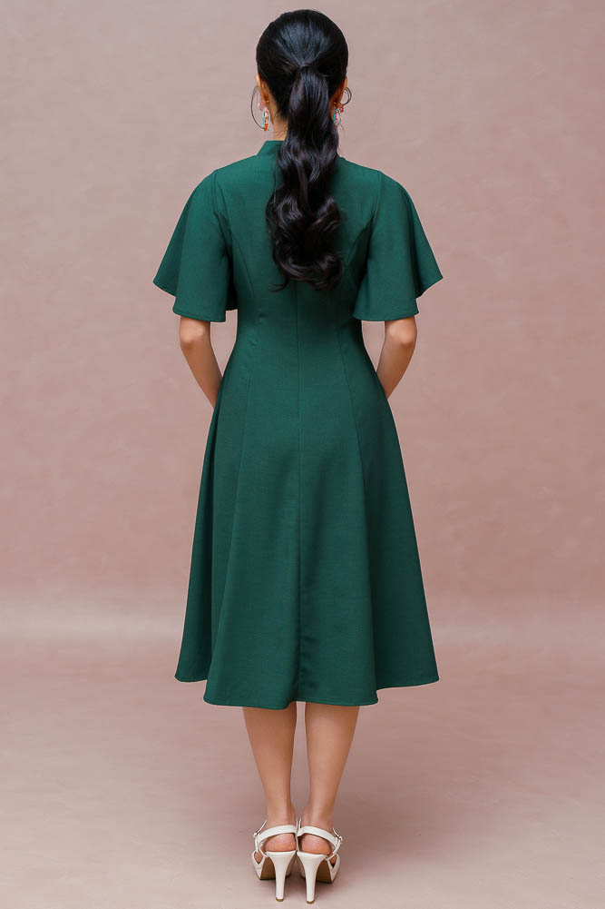 GOLDEN THREAD FLUTTER SLEEVED CHEONGSAM DRESS (DARK JADE) | Faire Belle