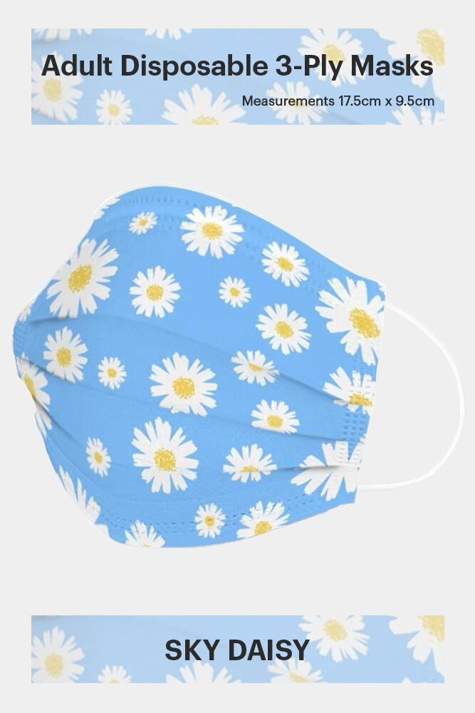 ADULT DISPOSABLE 3-PLY FACE MASK IN SKY DAISY (50 PCS) | Faire Belle